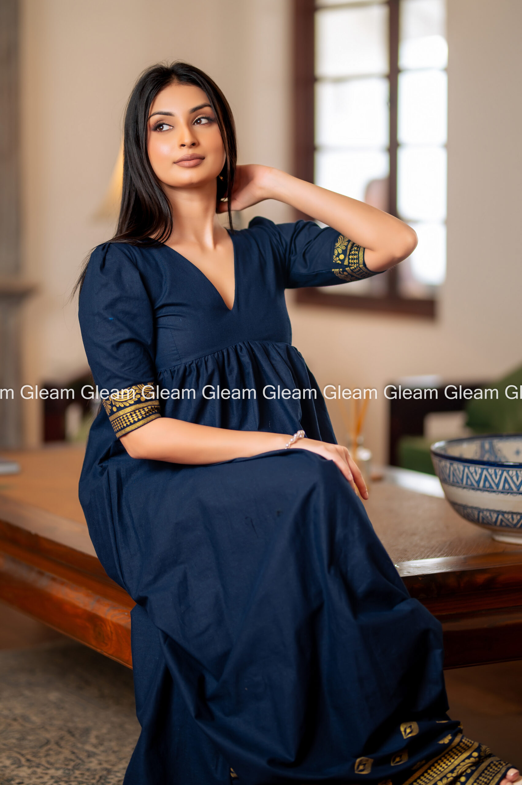 Golden Indigo | Dark Blue & Gold Batik Maxi Dress – Gleam Batik